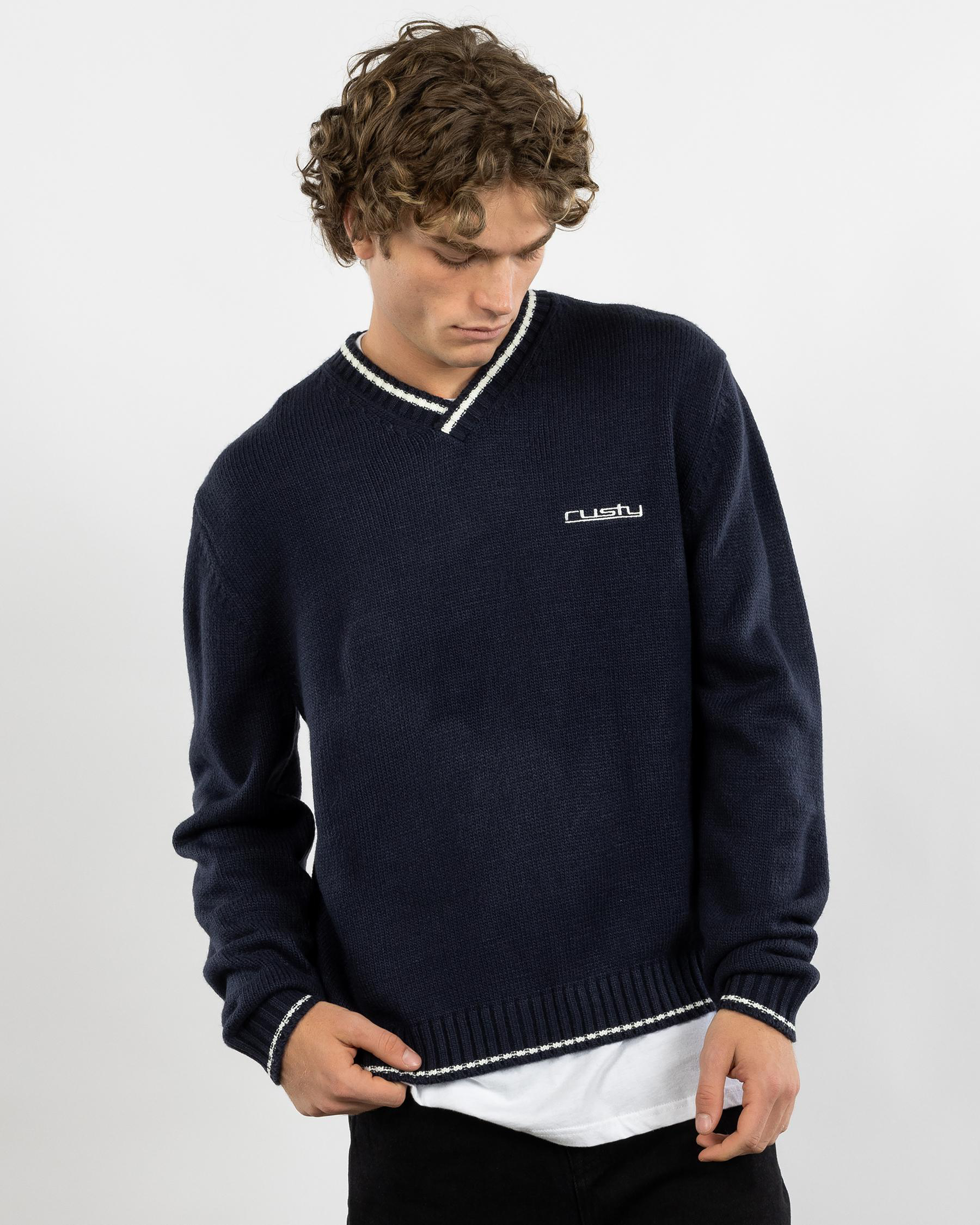 Shop Rusty Venom Vee Neck Knitted Crew Jumper In Navy Blue - Fast ...