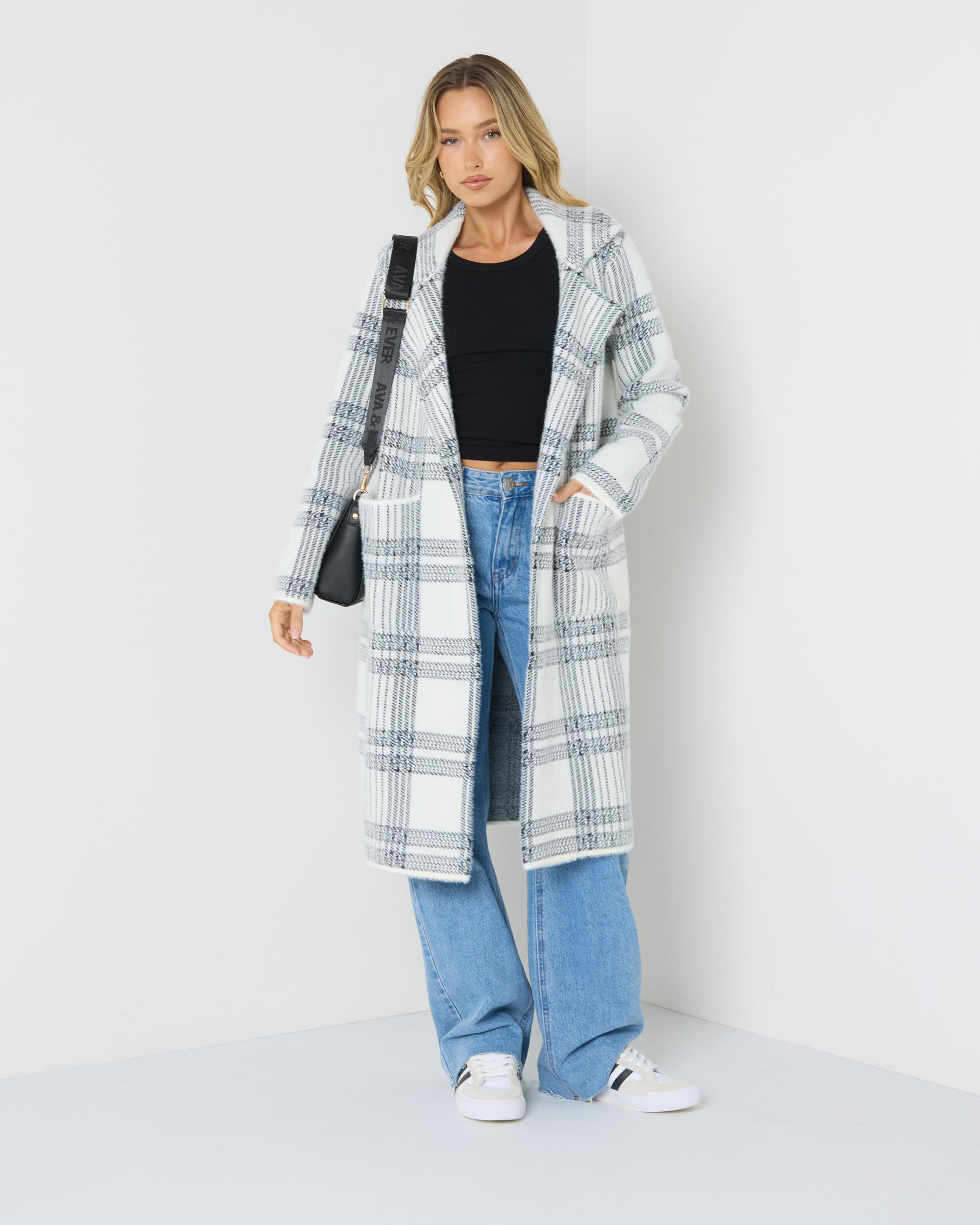 Shop Ava And Ever Banks Knit Coatigan In Cream/black Check - Fast ...