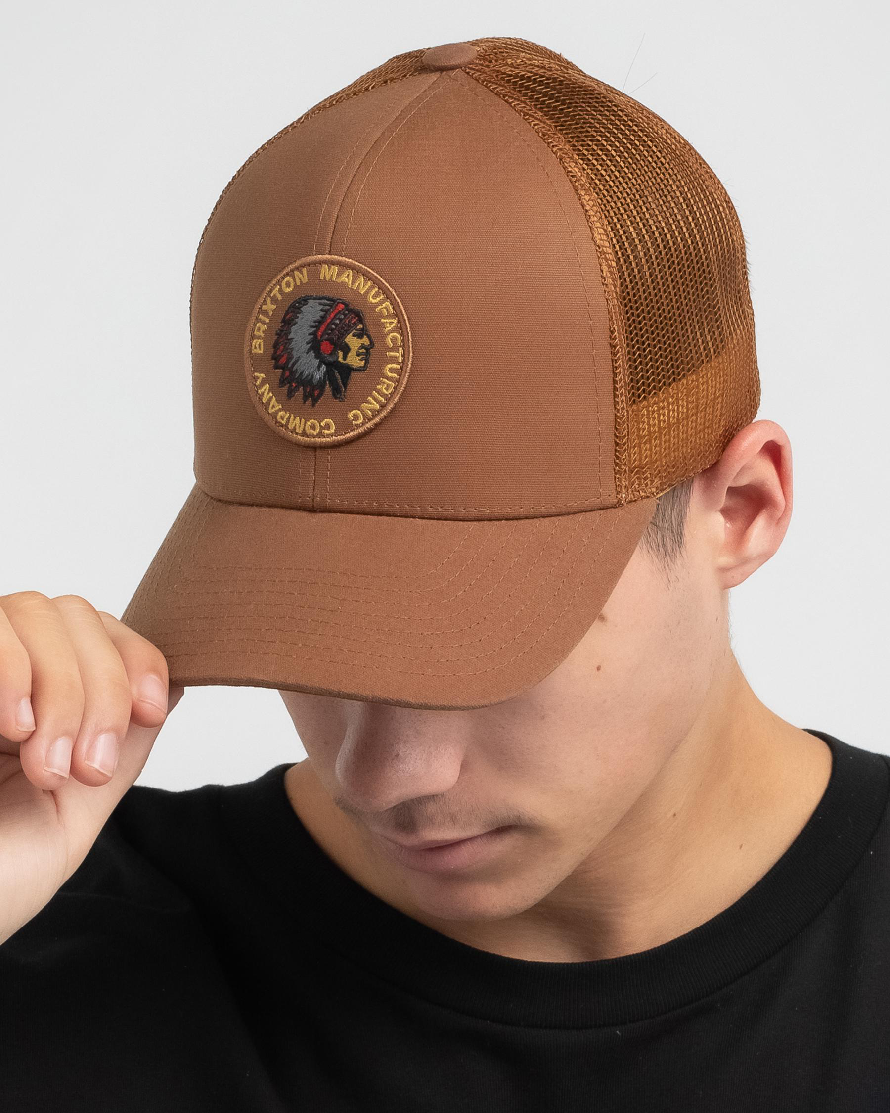 Shop Brixton Rival Stamp X Mesh Trucker Cap In Dark Caramel - Fast ...