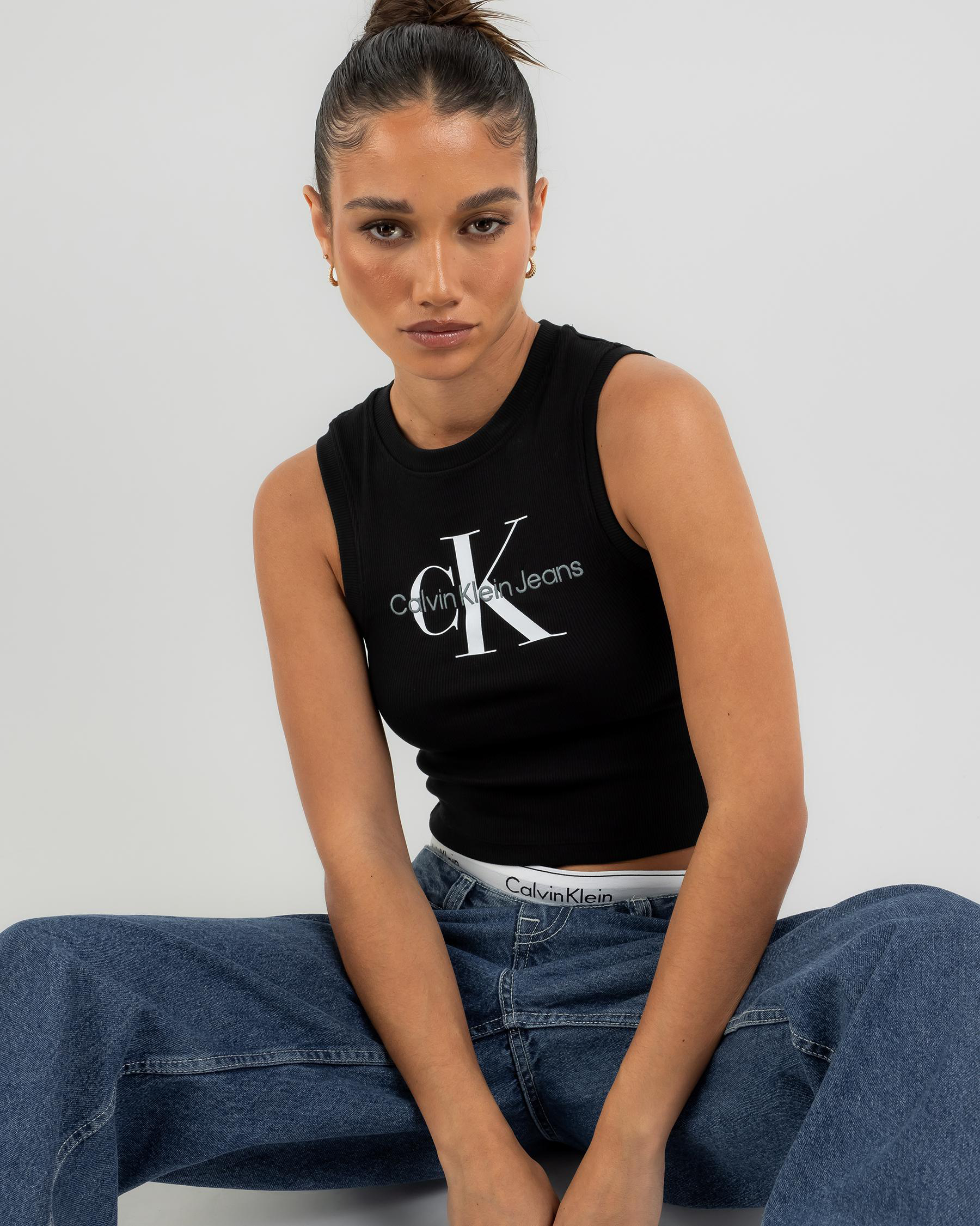 Shop Calvin Klein Archival Monologo Rib Tank Top In Ck Black - Fast ...