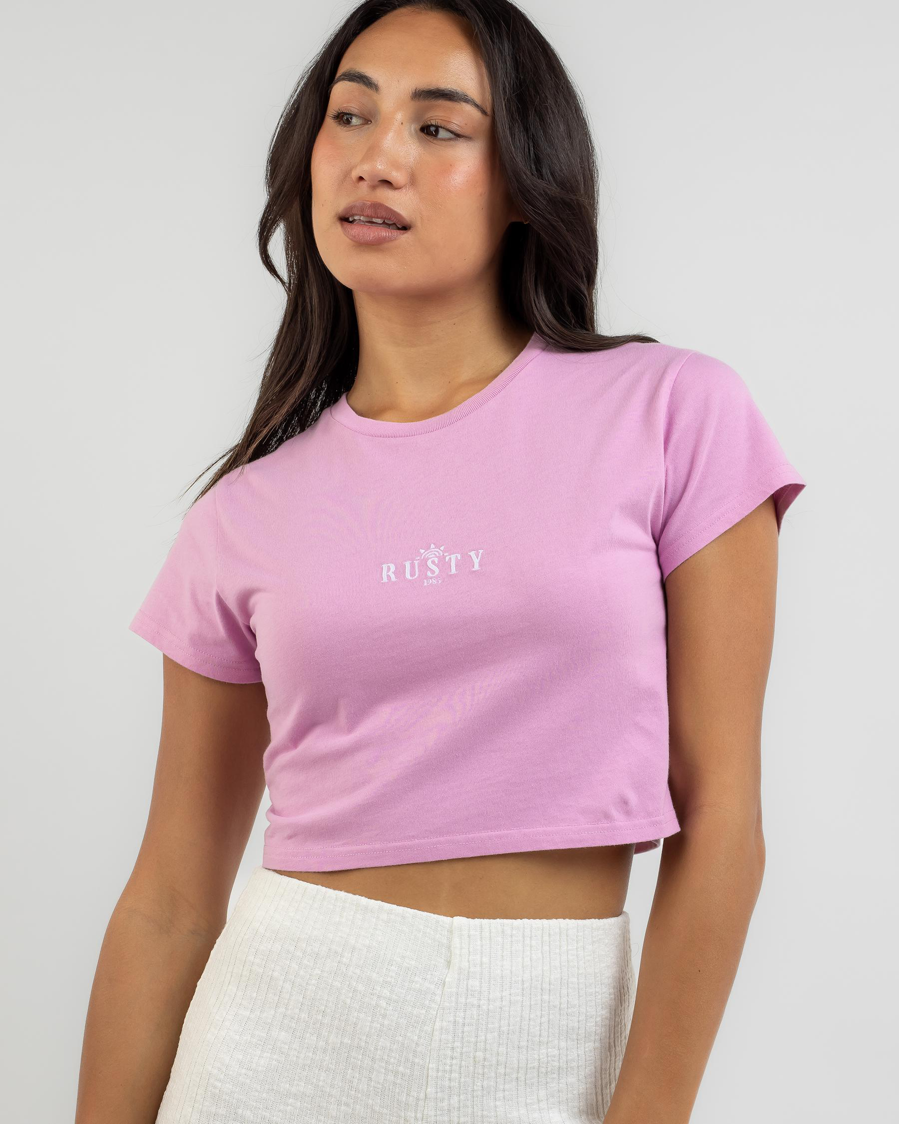 Shop Rusty Sunrise Baby Tee In Violet - Fast Shipping & Easy Returns ...