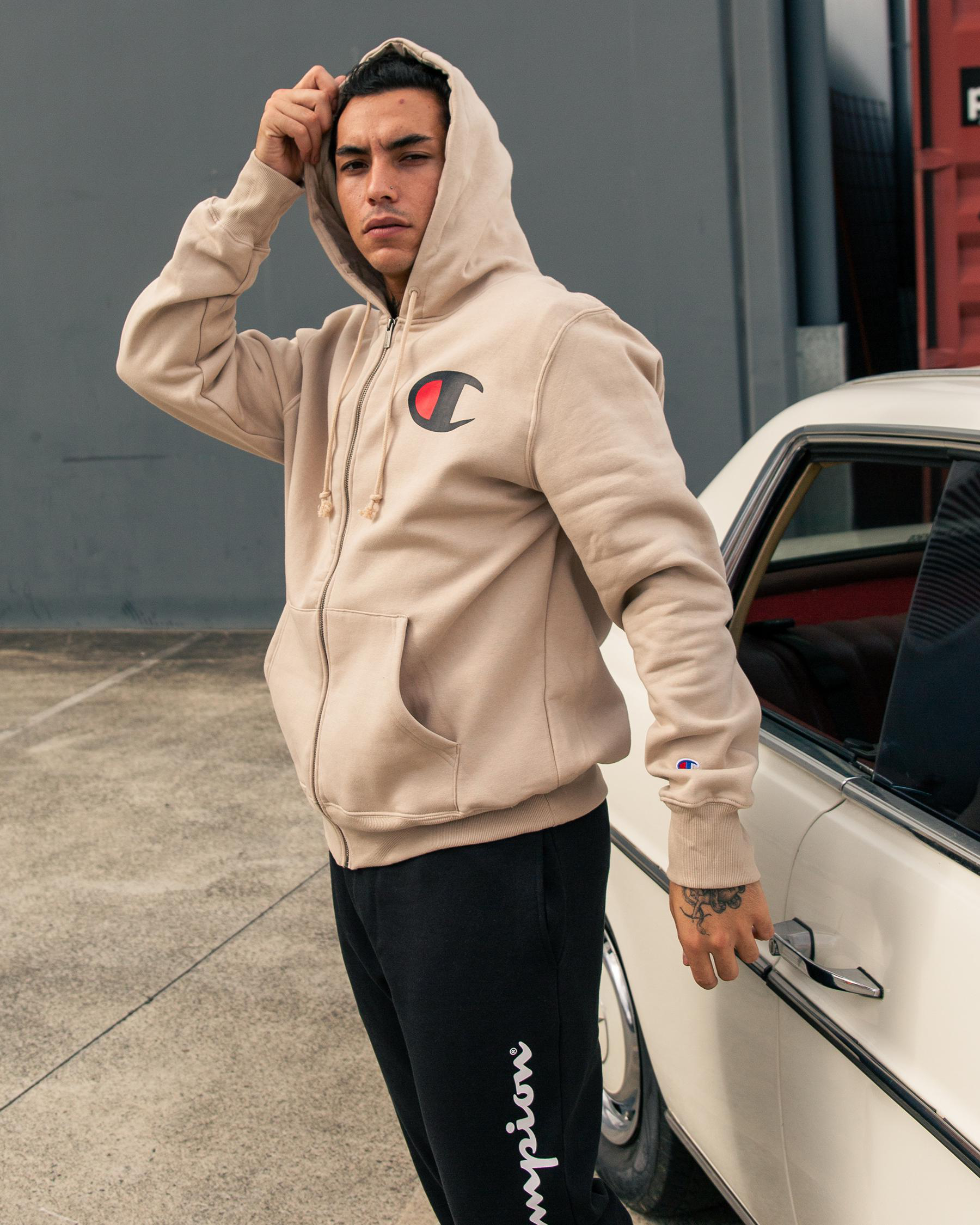 Shop Champion C Logo Hooded Jacket In Sand Storm - Fast Shipping & Easy ...