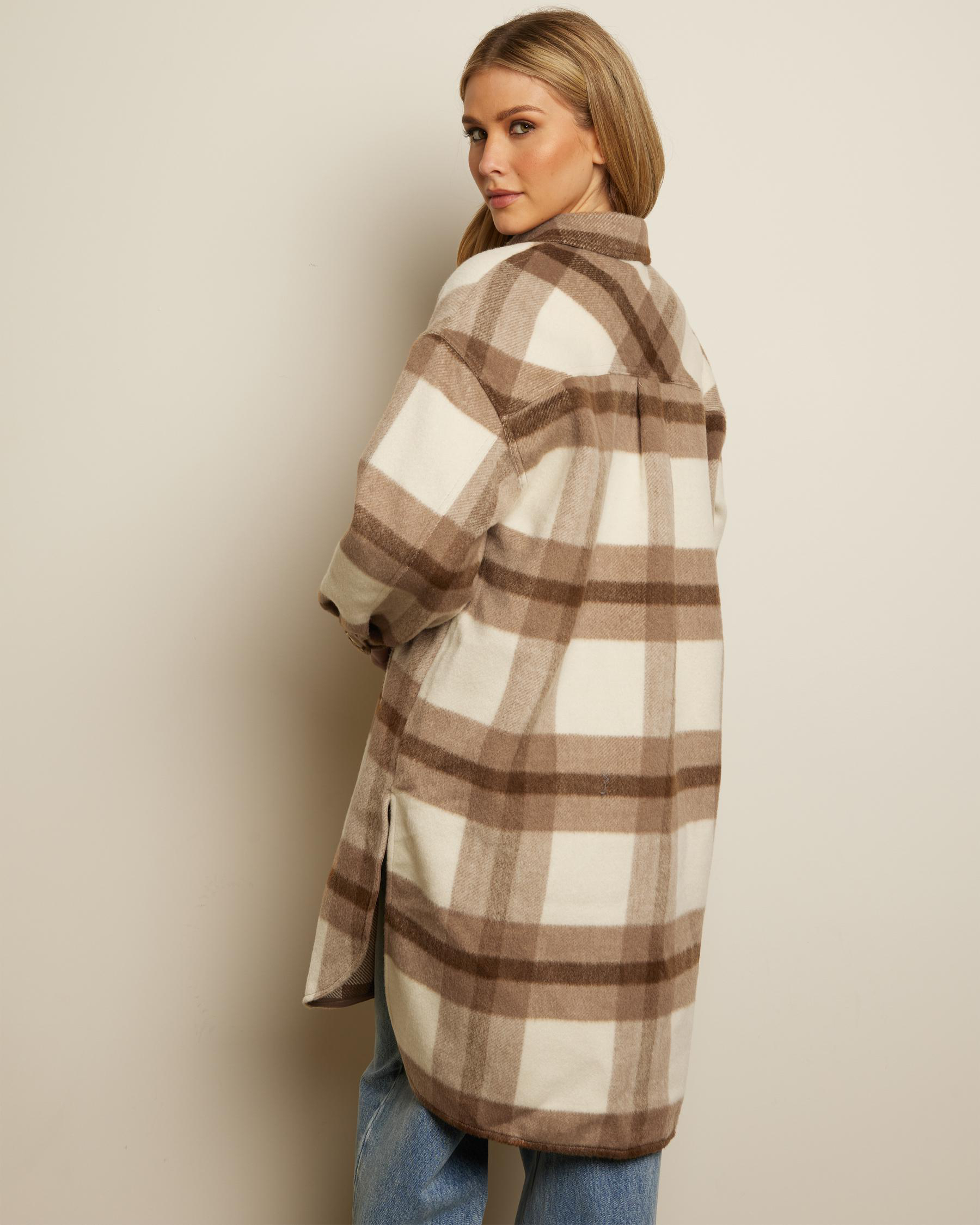 Shop Ava And Ever Hayden Long Shacket In Cream/mocha - Fast Shipping ...