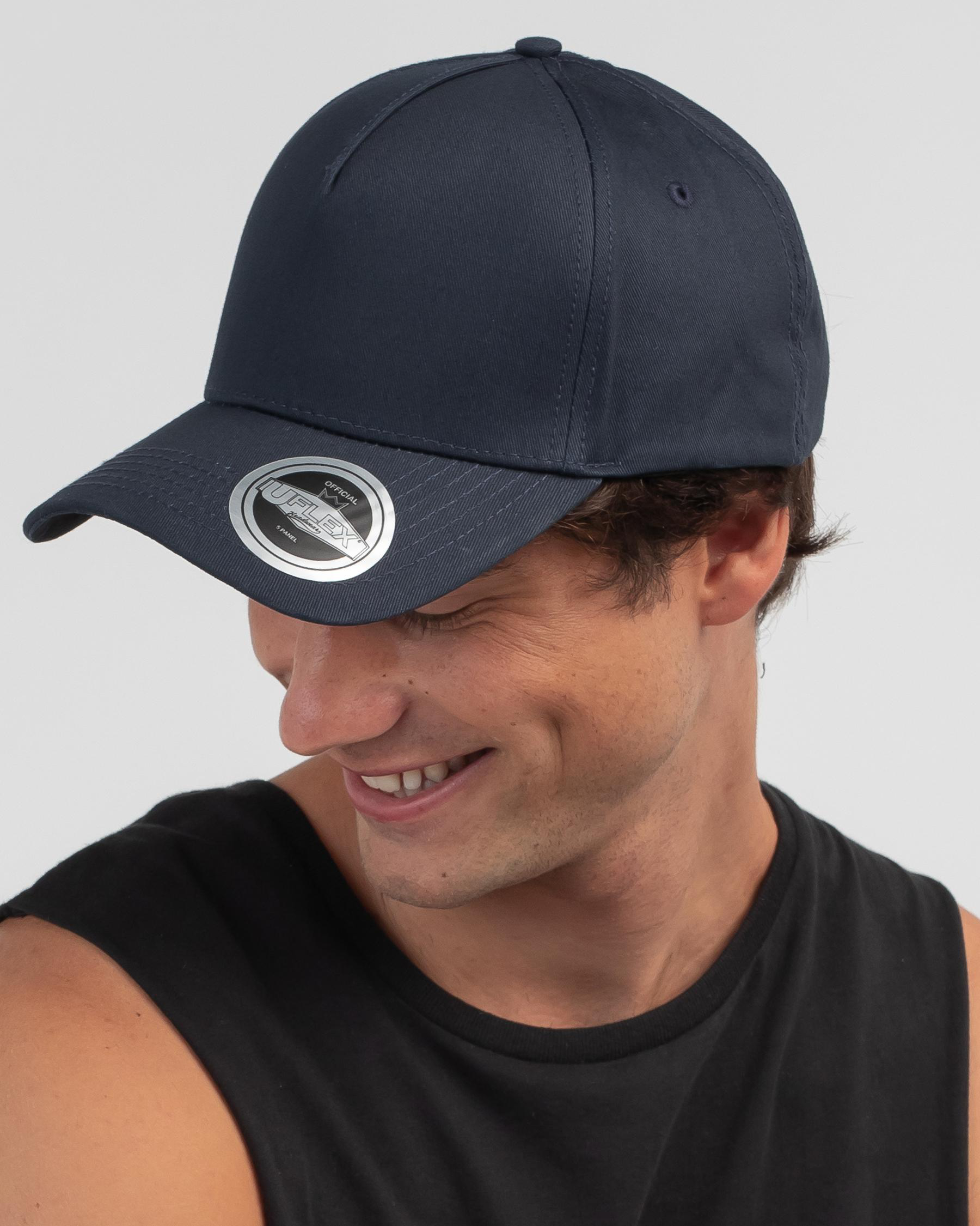 Shop UFlex 5 Panel Curved Peak Snapback Cap In Navy - Fast Shipping ...