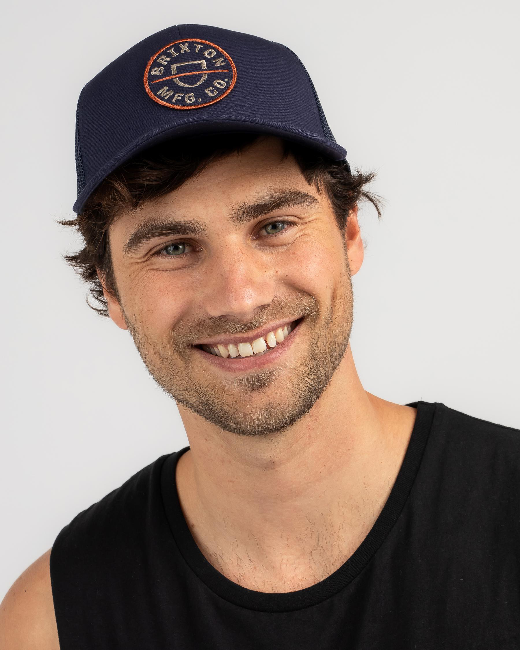 Shop Brixton Crest Netplus MP Trucker Cap In Washed Navy/oatmeal ...