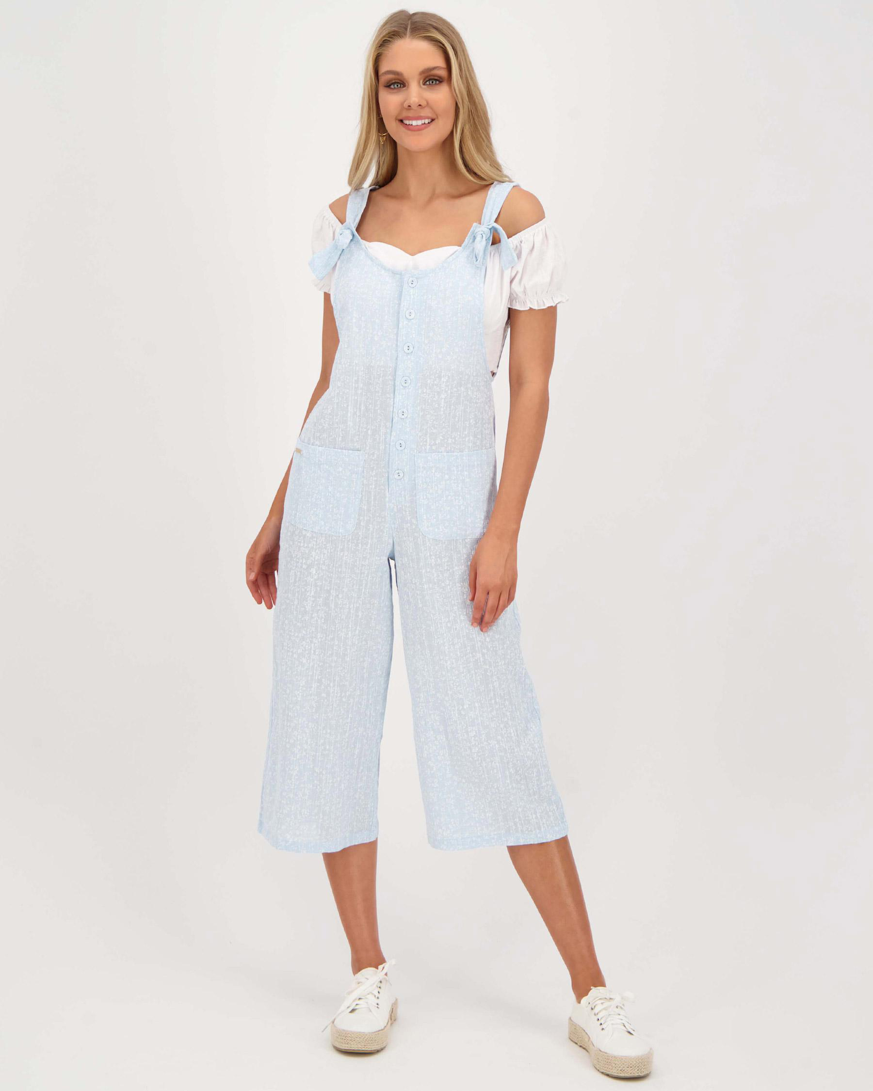 Shop Mooloola Larissa Long Overalls In Blue Floral - Fast Shipping ...