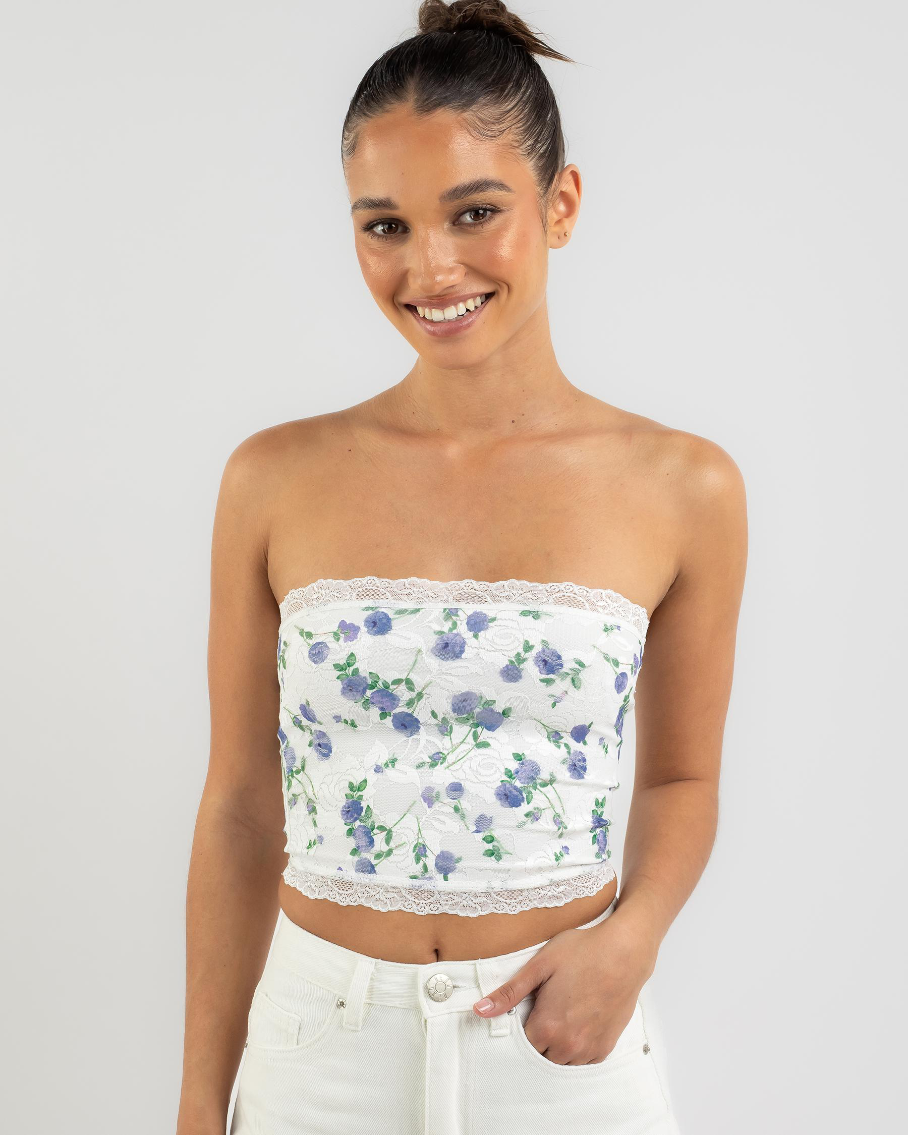 Shop Ava And Ever Danforth Lace Tube Top In Blue Multi Floral - Fast ...