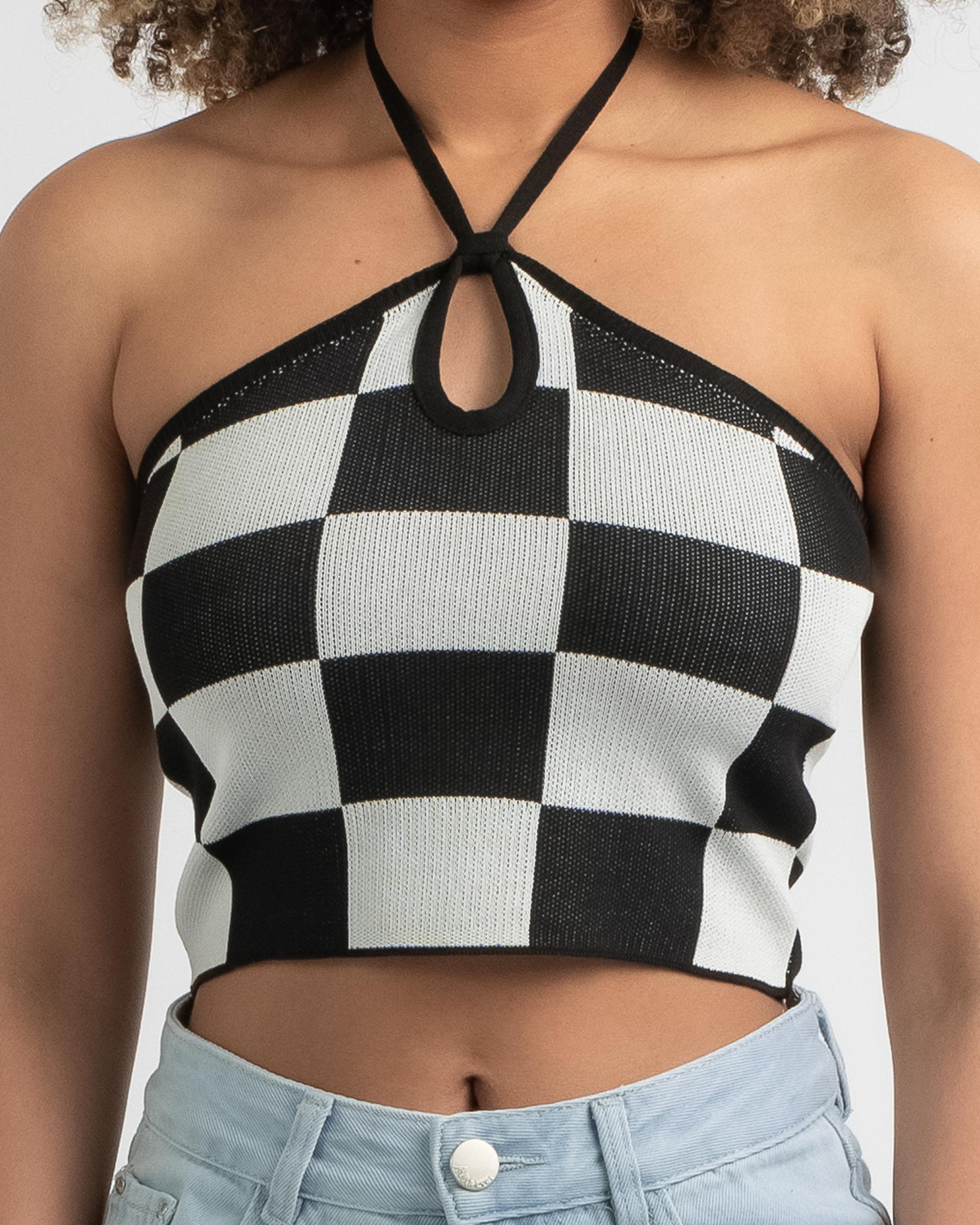 Shop Red Berry Checkerboard Knit Halter Top In Black/white - Fast ...