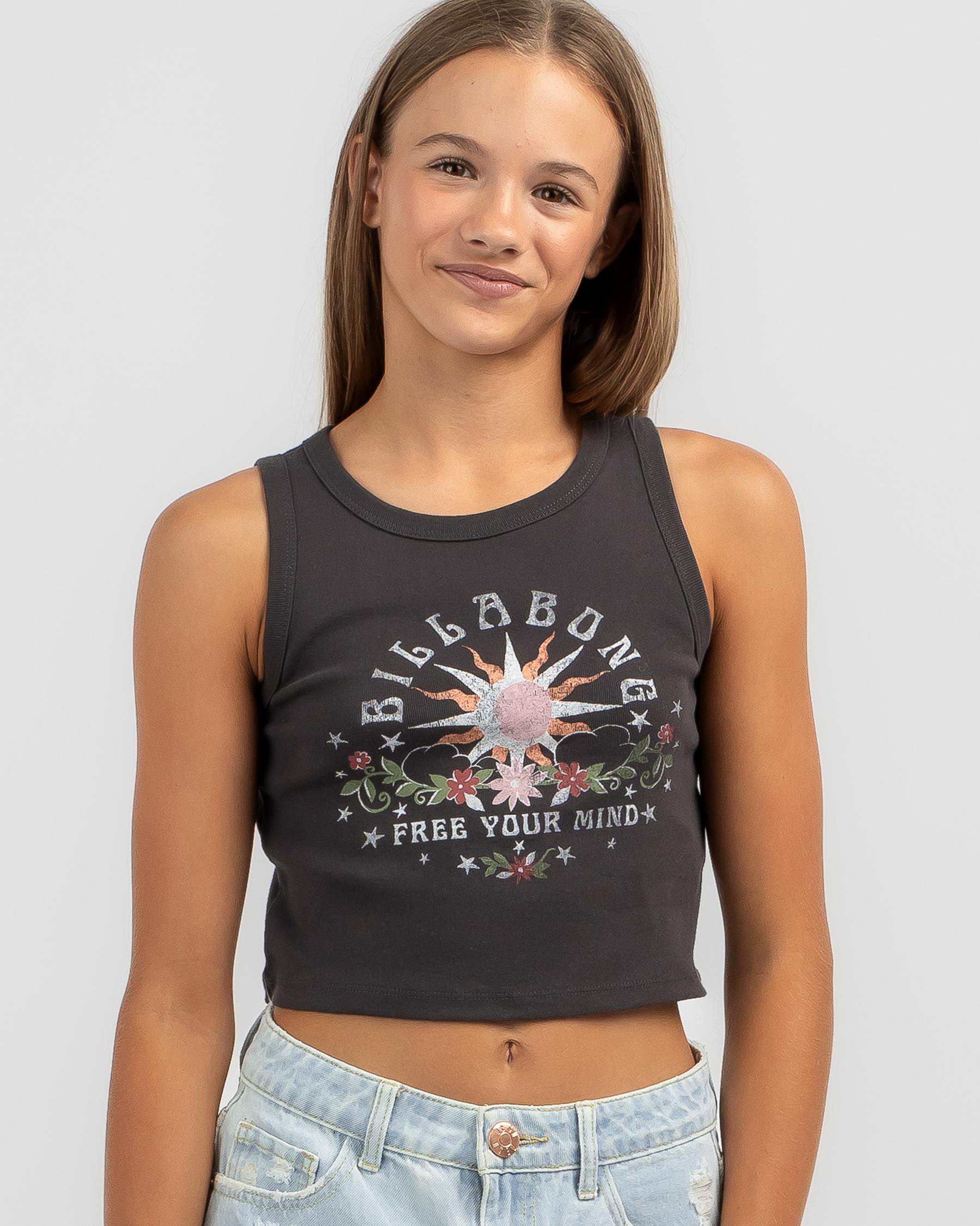 Shop Billabong Girls' Free The Mind Crop Tank Top In Black Sands - Fast ...