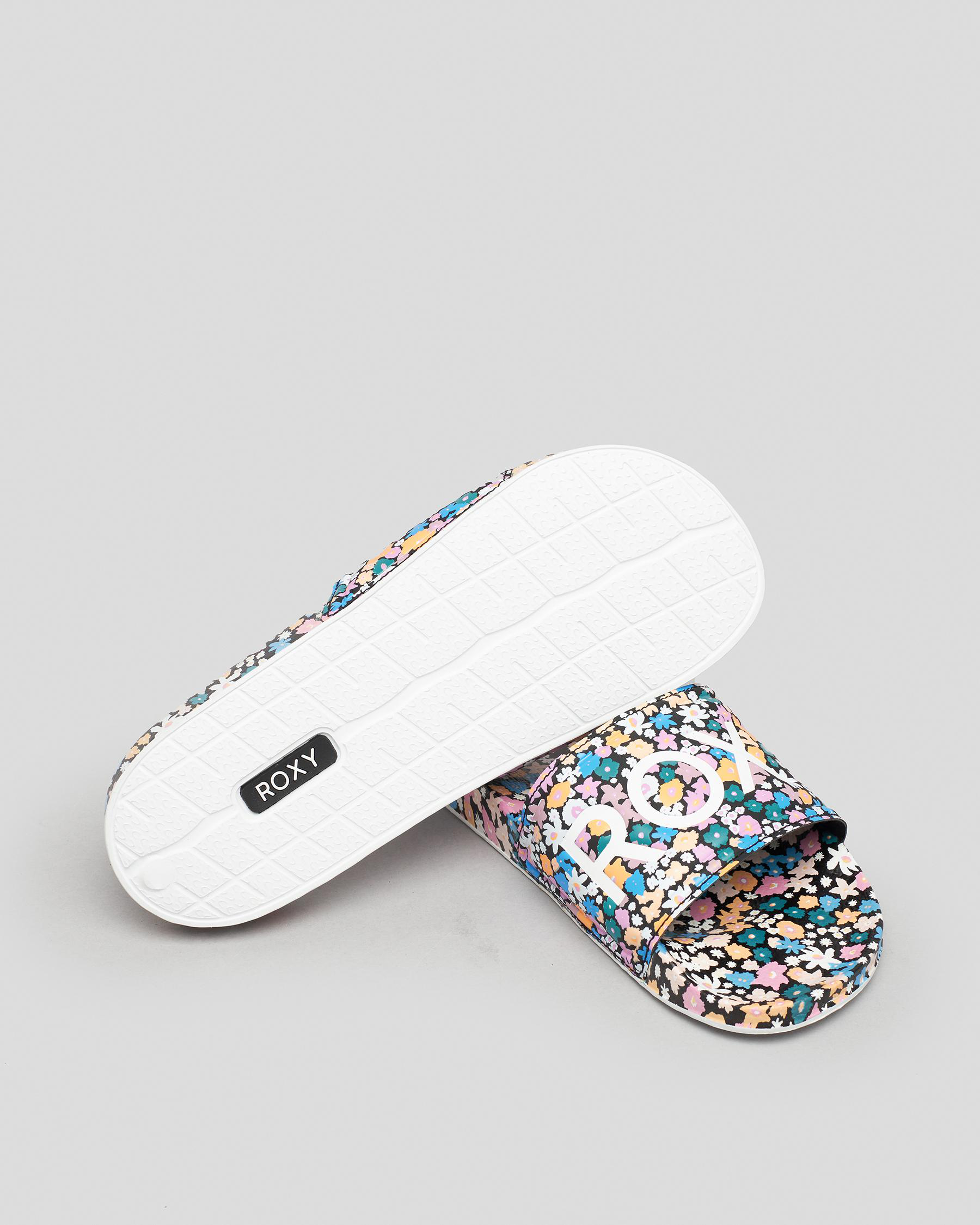 Shop Roxy Girls' Slippy Printed Slide Sandals In Black/floral - Fast ...