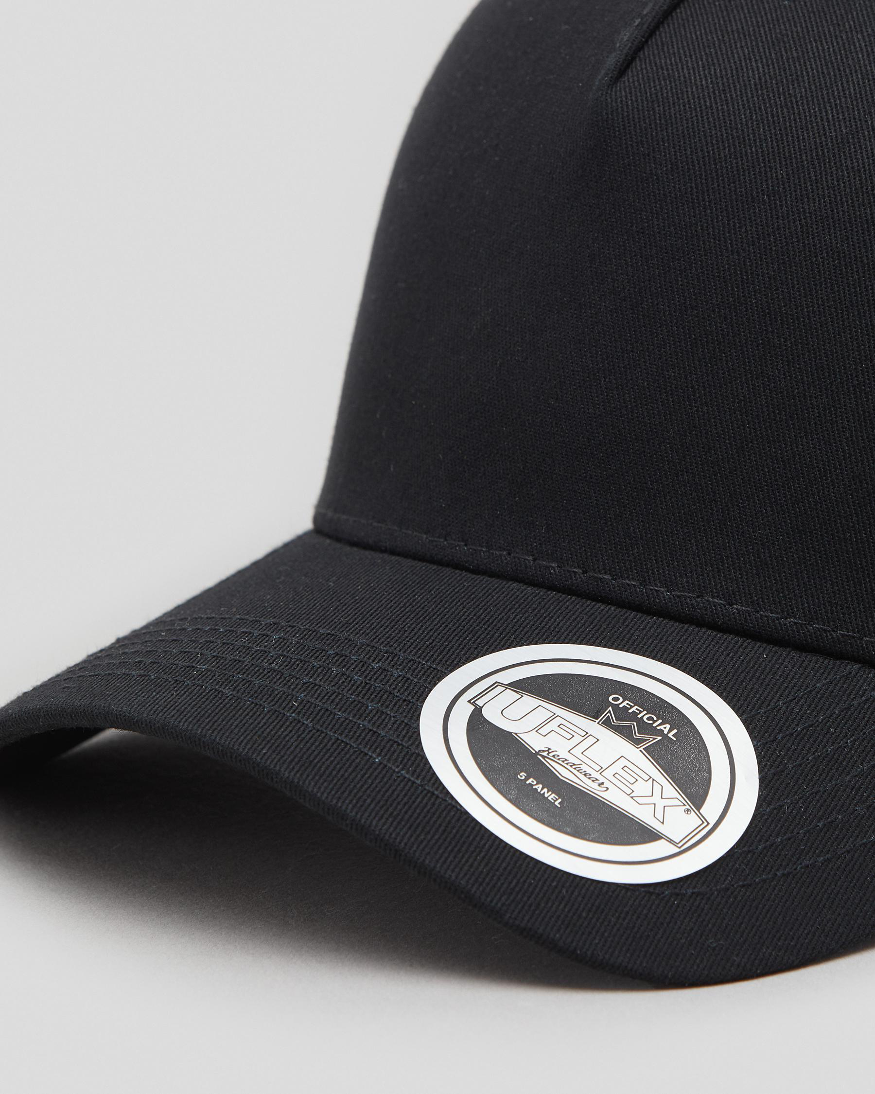 Shop UFlex 5 Panel Curved Peak Snapback Cap In Black - Fast Shipping ...