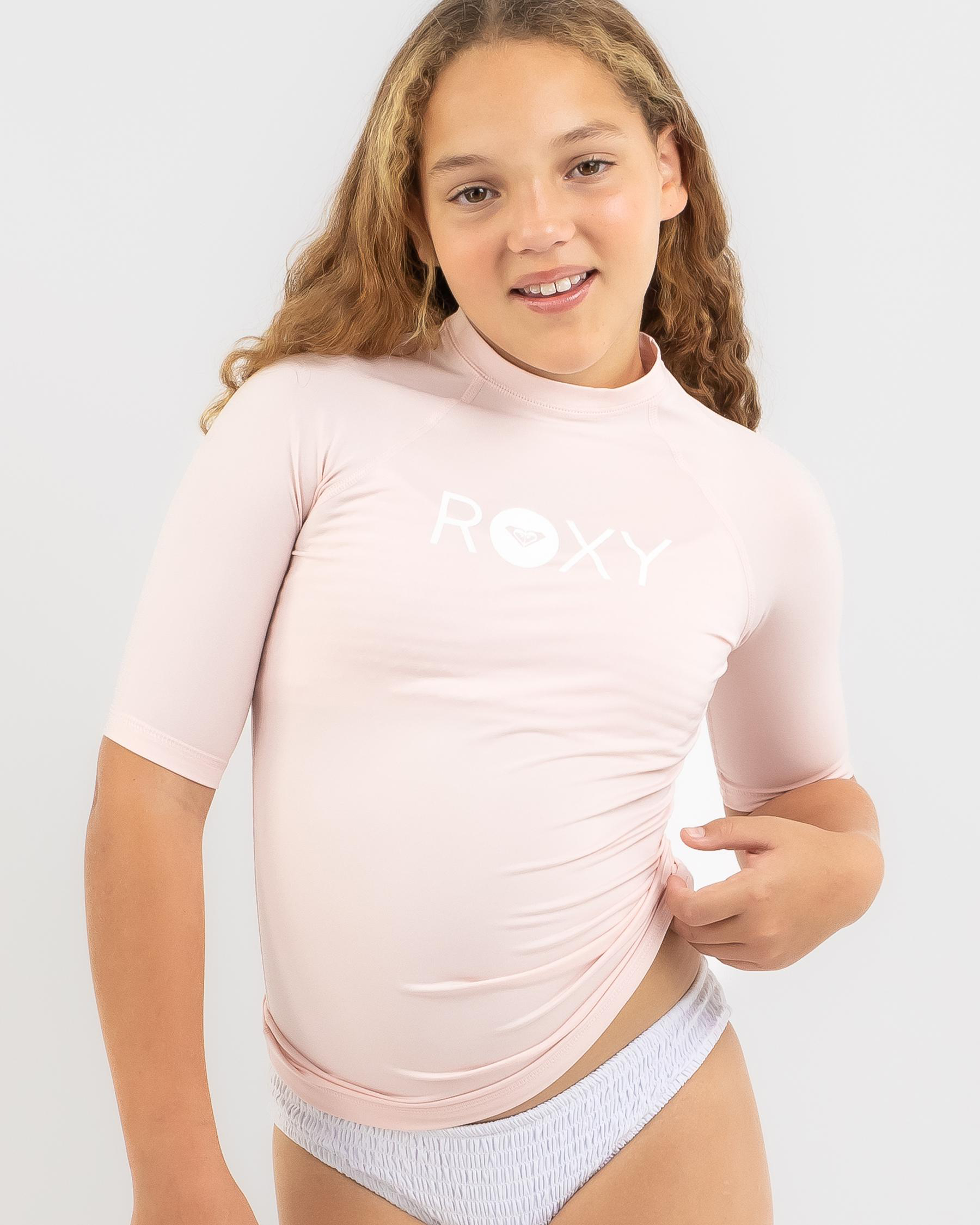 Roxy Girls' Essential Short Sleeve Rash Vest In English Rose - FREE* Shipping & Easy Returns ...