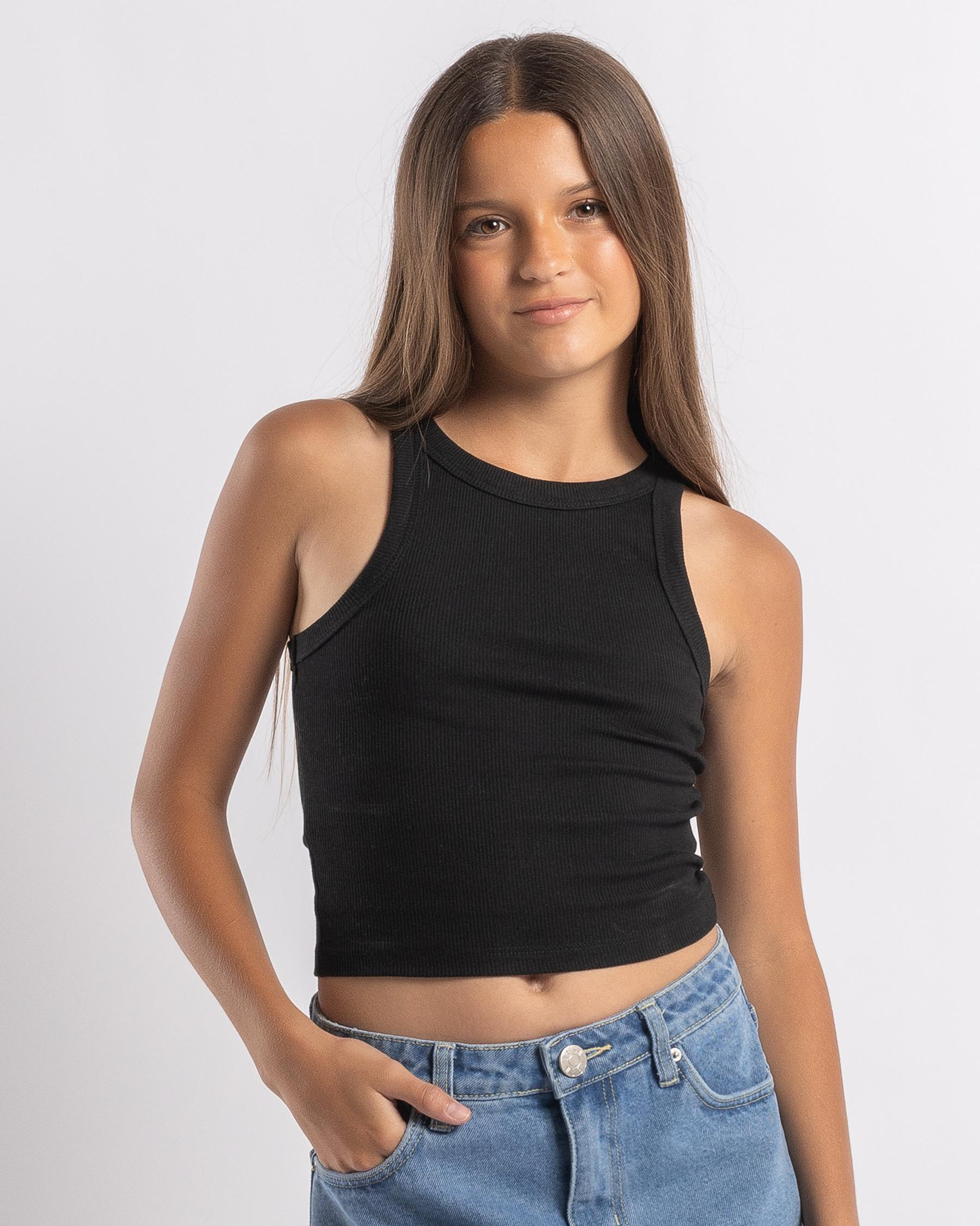 Shop Mooloola Girls' Basic Rib Racer Back Tank Top In Black - Fast ...