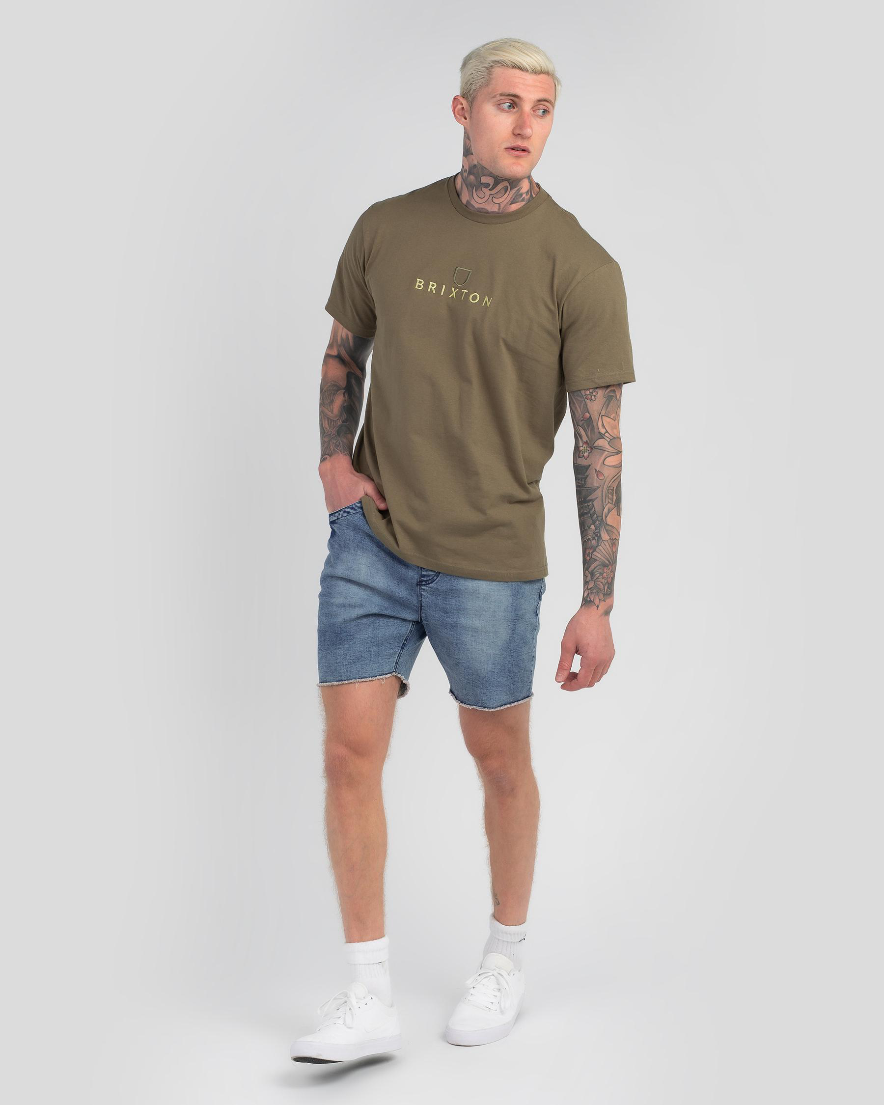 Shop Brixton Alpha Thread T-Shirt In Military Olive - Fast Shipping ...