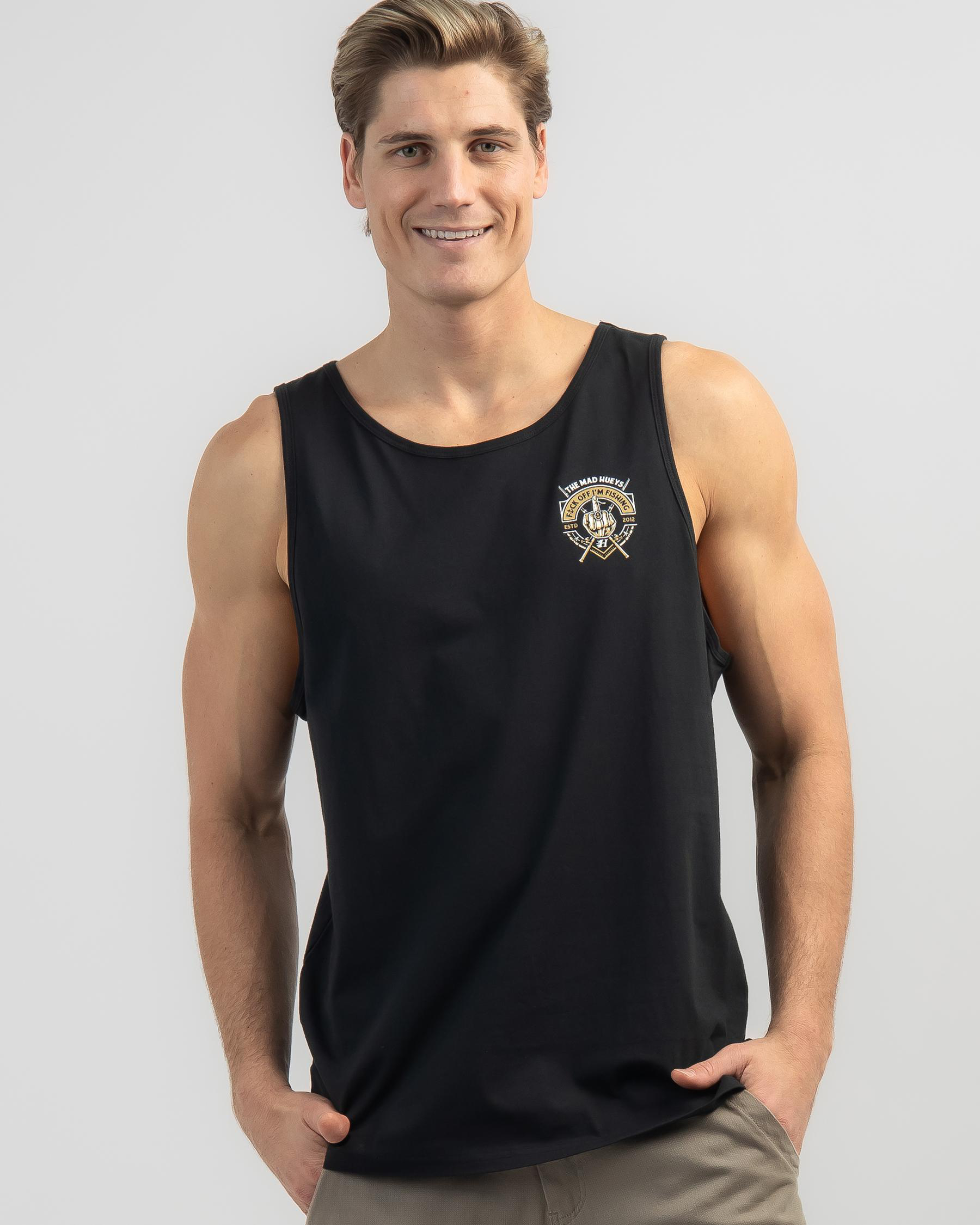 Shop The Mad Hueys Fk Off I'm Fishing Singlet In Black - Fast Shipping ...