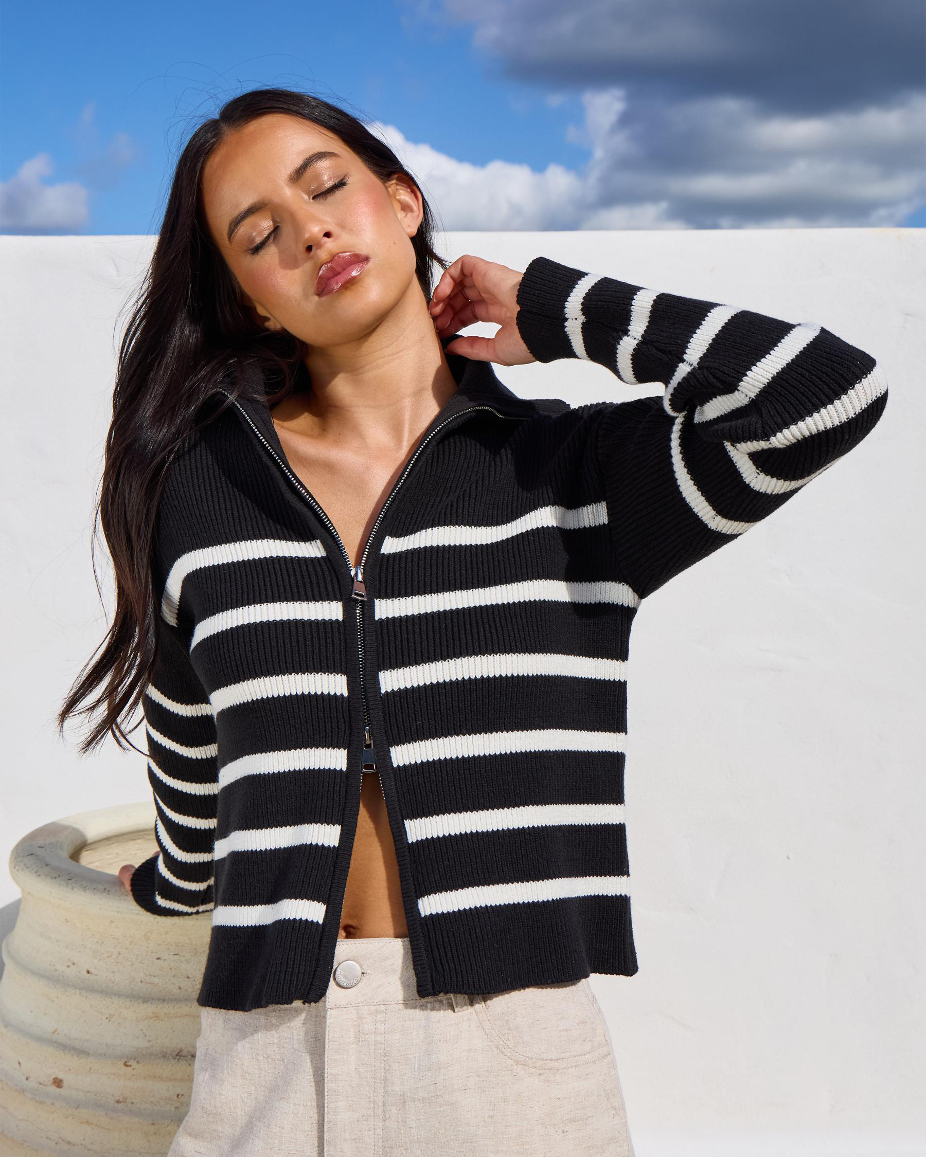 Shop Ava And Ever Alba Zip Knit In Black/cream Stripe - Fast Shipping ...