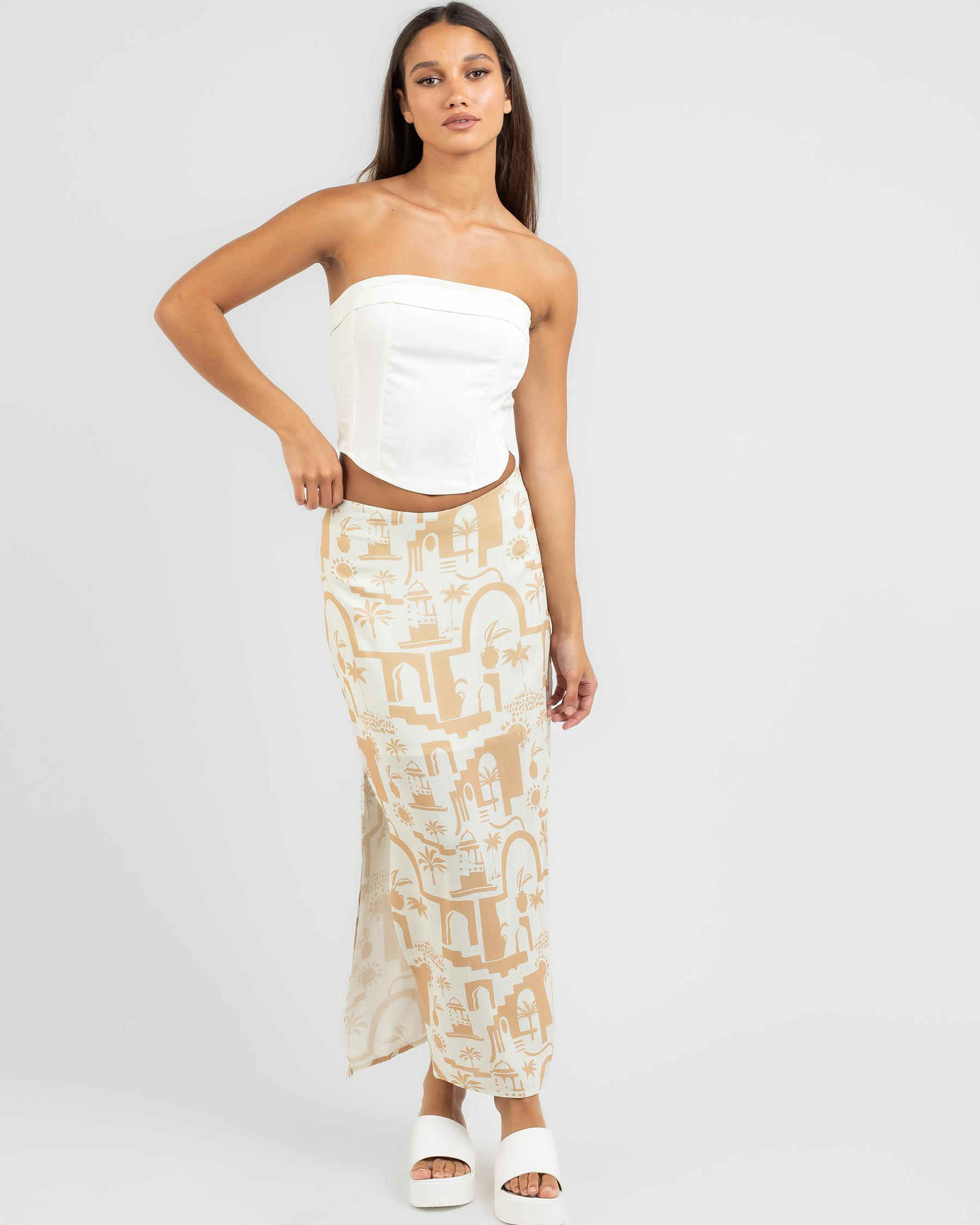 Shop Yours Truly Yani Midi Skirt In Cream/beige - Fast Shipping & Easy ...